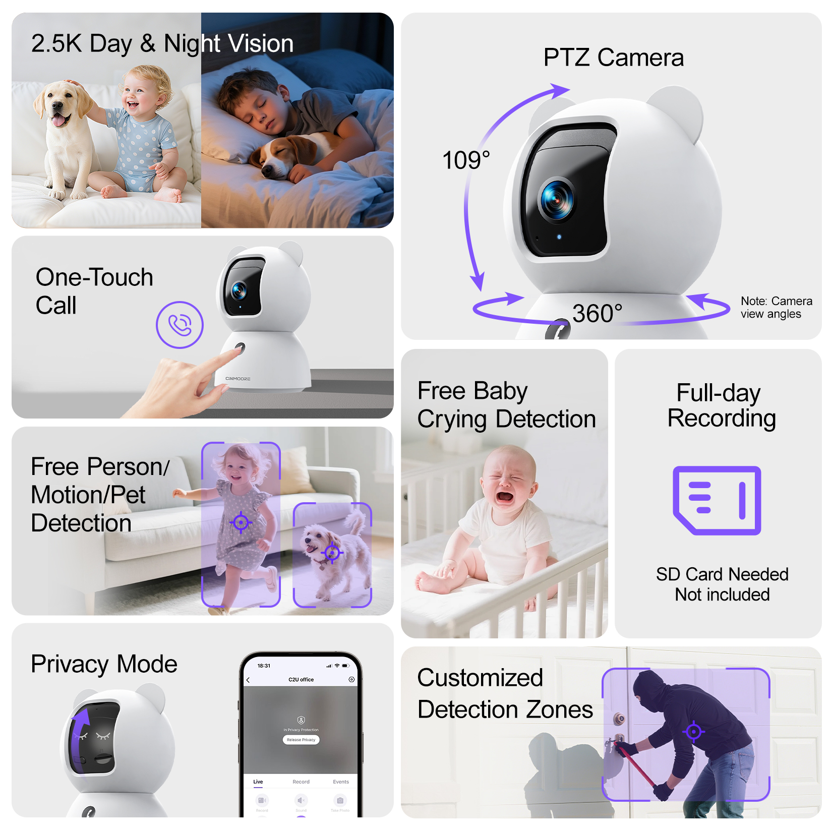CiNMOORE, 2.5K Pet/Dog/Cat Camera, Indoor WiFi PTZ, No-Subscription ...