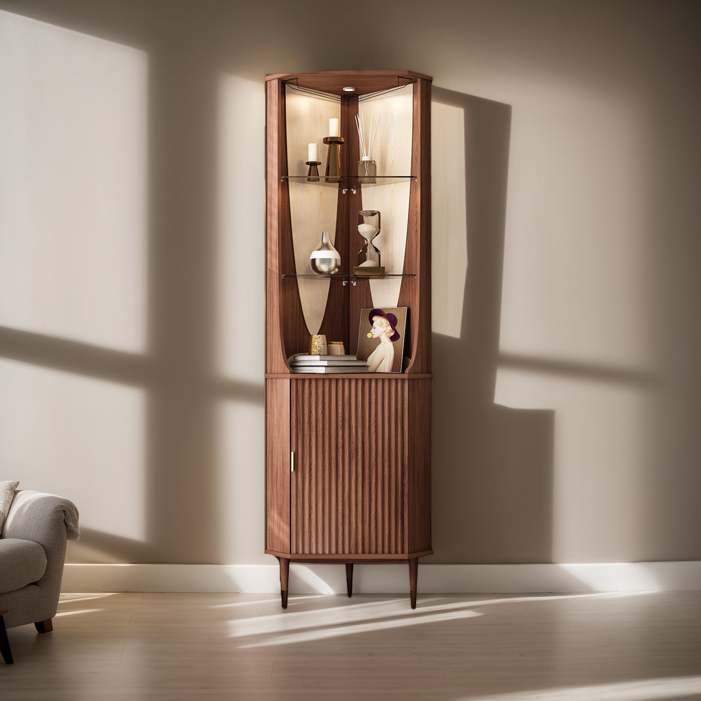 JOINICE 70" Tall Corner Cabinet with Storage,Mid Century Modern Fluted Bar Cabinet with Light ...