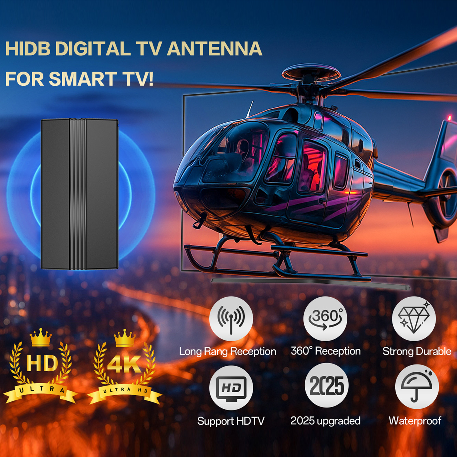 HD TV Antenna - 1800+ Mile Enhanced Range, Indoor/Outdoor 4K Ready ...