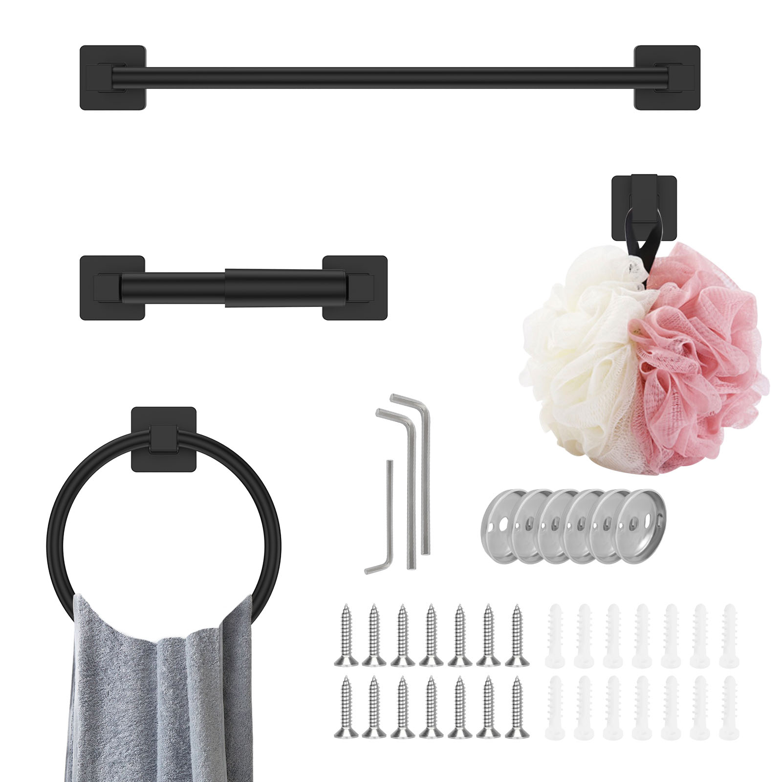 Dznils Matte Black Steel Bathroom Hardware Set, 16" Towel Bar, Toilet ...
