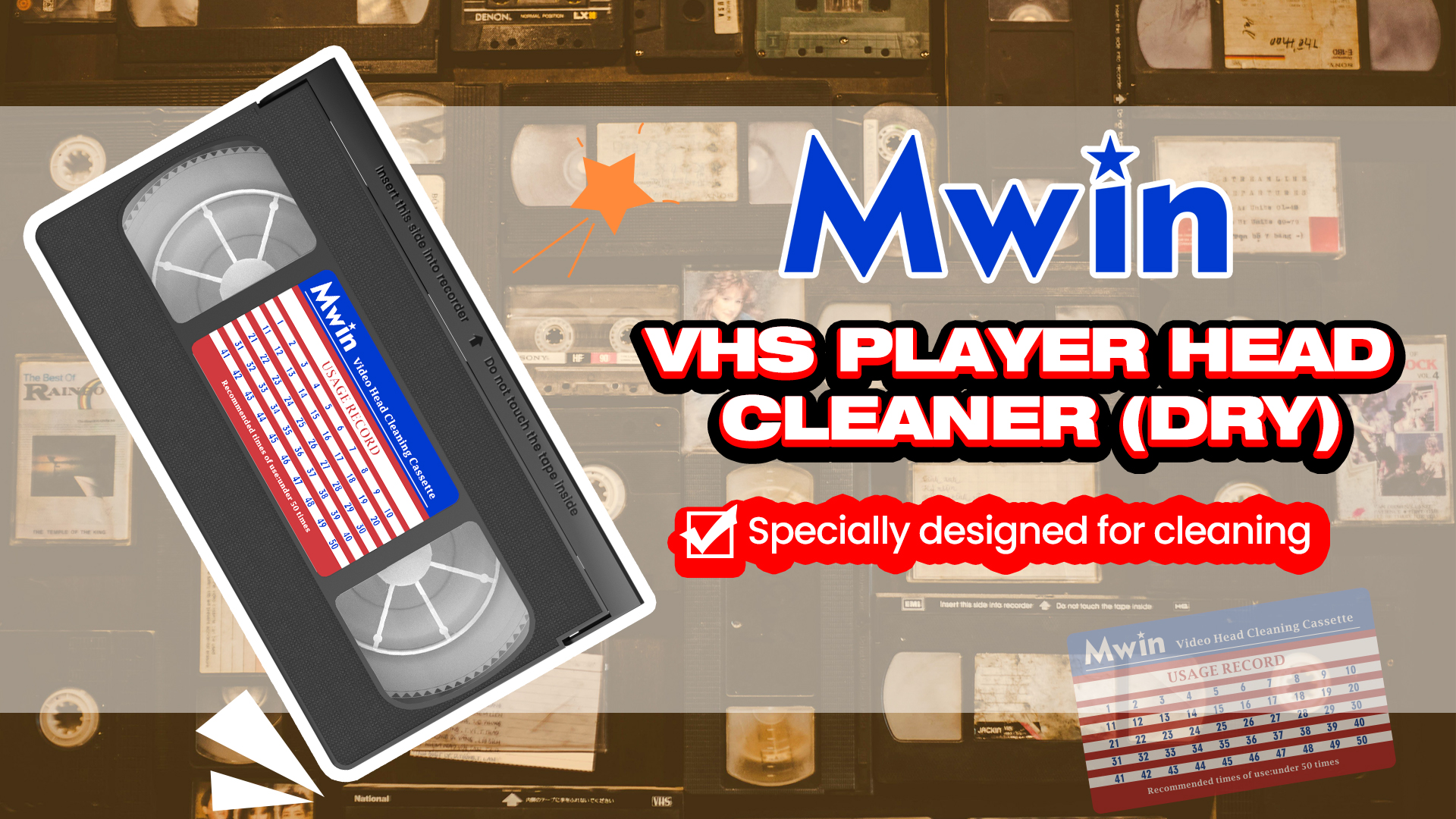 Mwin VHS Head Cleaner for VHS/VCR Players,Dry Technology- No Fluid ...