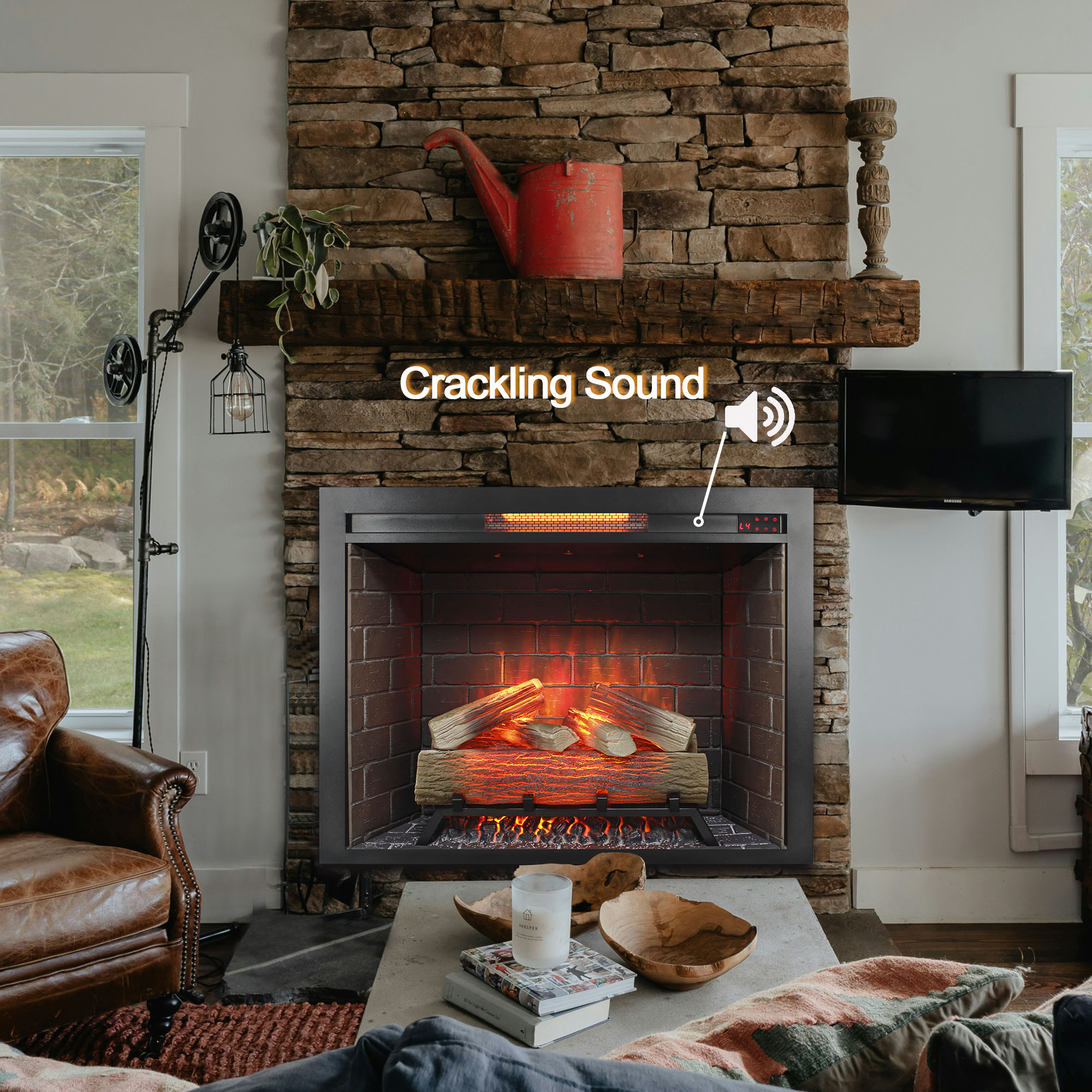 Eyisean 28" Electric Fireplace Insert with Real Fire Crackling Sound ...