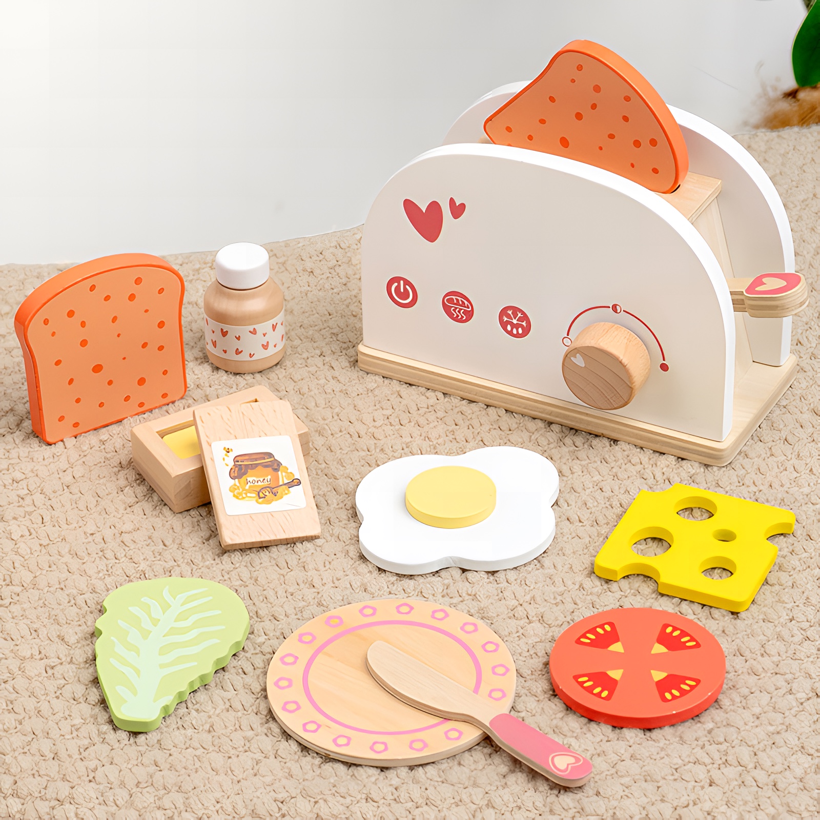11-Piece Wooden Bread Maker Play Food Set, Pretend Kitchen Toy for Kids ...