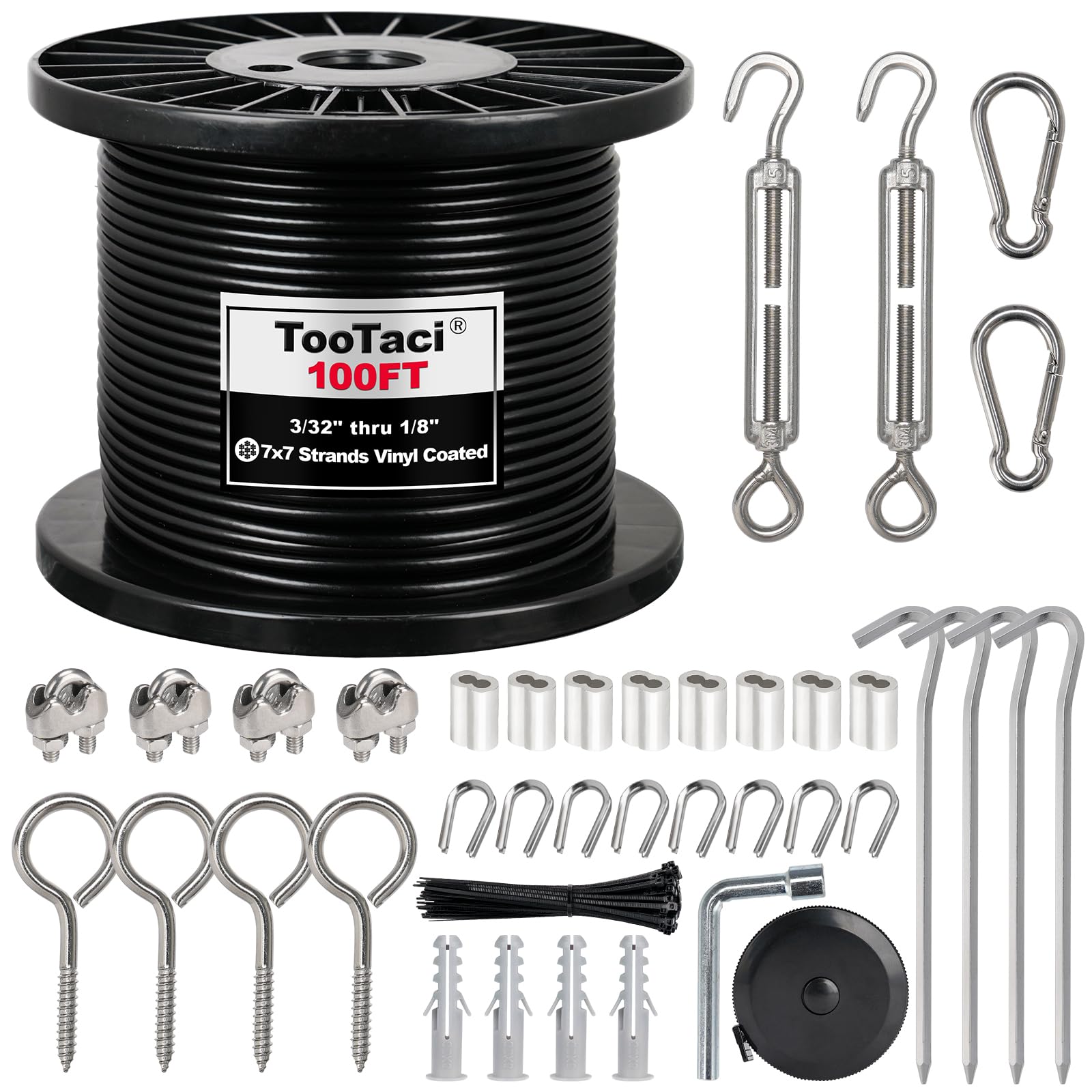 Tootaci 1/8" Wire Rope Kit, 100FT Black Vinyl Coated Stainless Steel ...