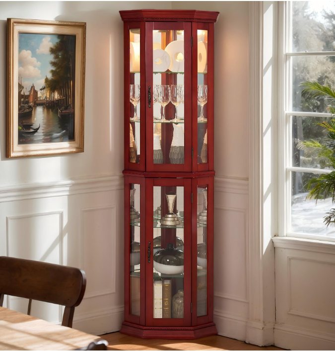 Eyisean 70" Vintage Lighted Corner Curio Cabinet, Glass Display Cage ...