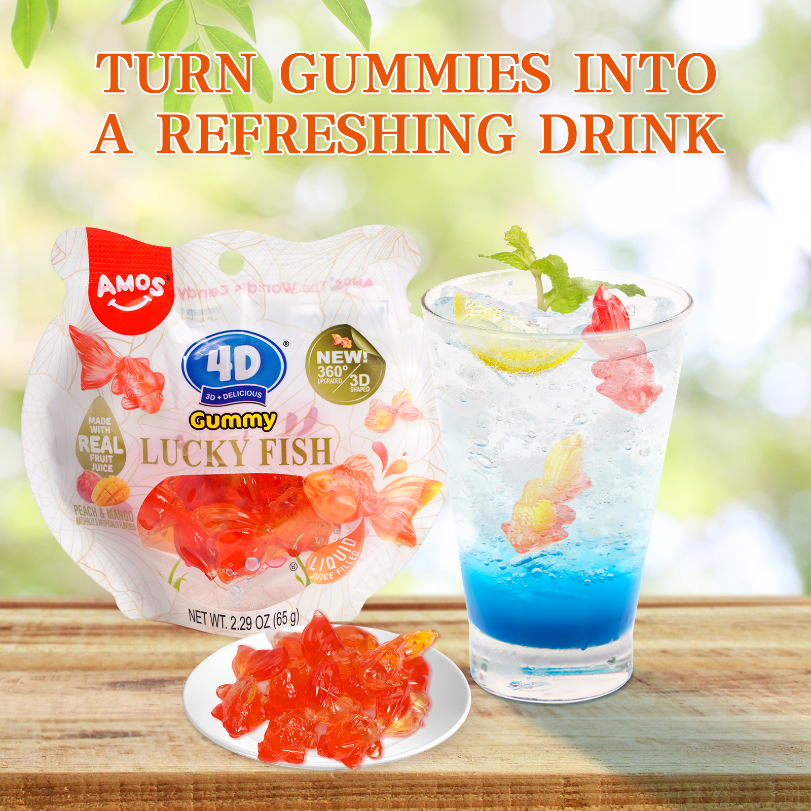 AMOS 4D Gummy Golden Fish Candy, Peach Mango Flavor, Real Fruit Juice ...