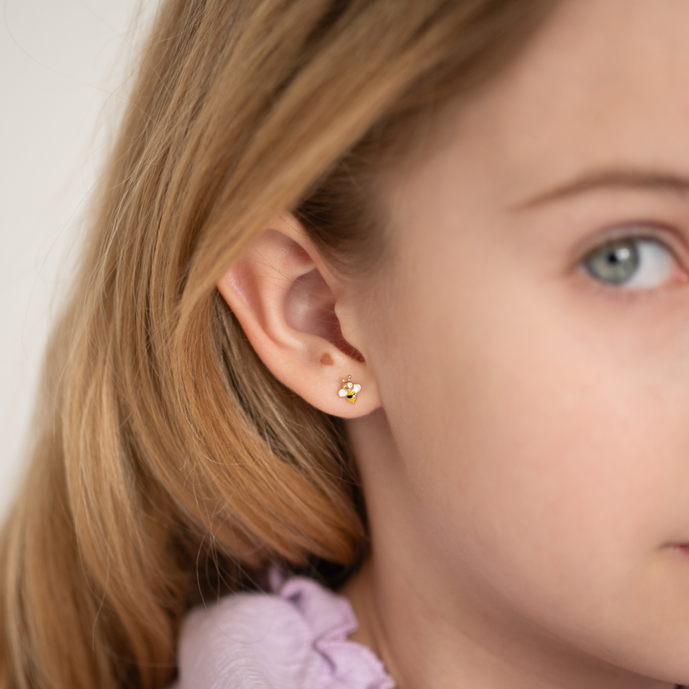 14k Yellow Gold Tiny Yellow Enamel Bee Screw Back Earrings for Toddler ...