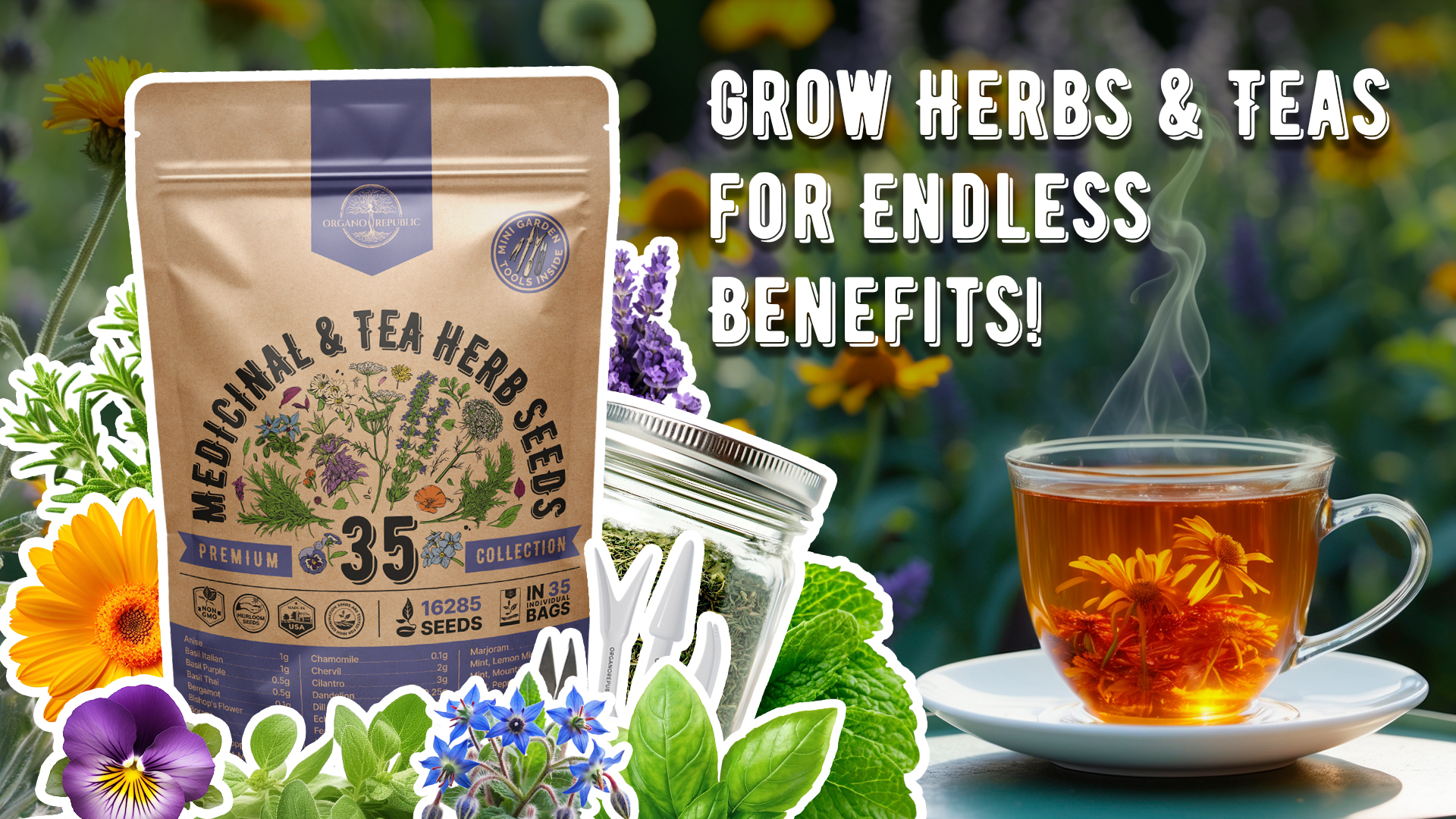 Organo Republic Medicinal and Tea Herb Seeds Variety Pack Heirloom ...