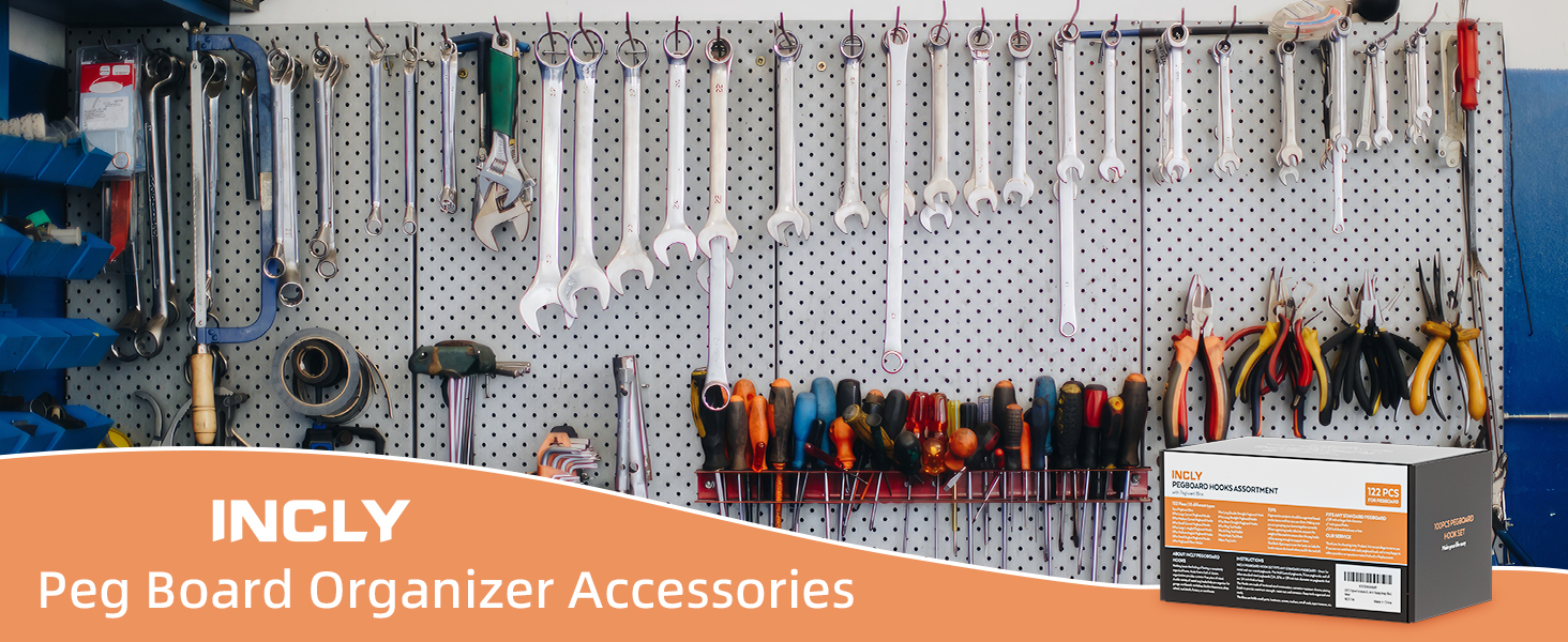 INCLY 122 Pcs Pegboard Kit, Steel Hooks with Plastic Bins, Garage Wall ...
