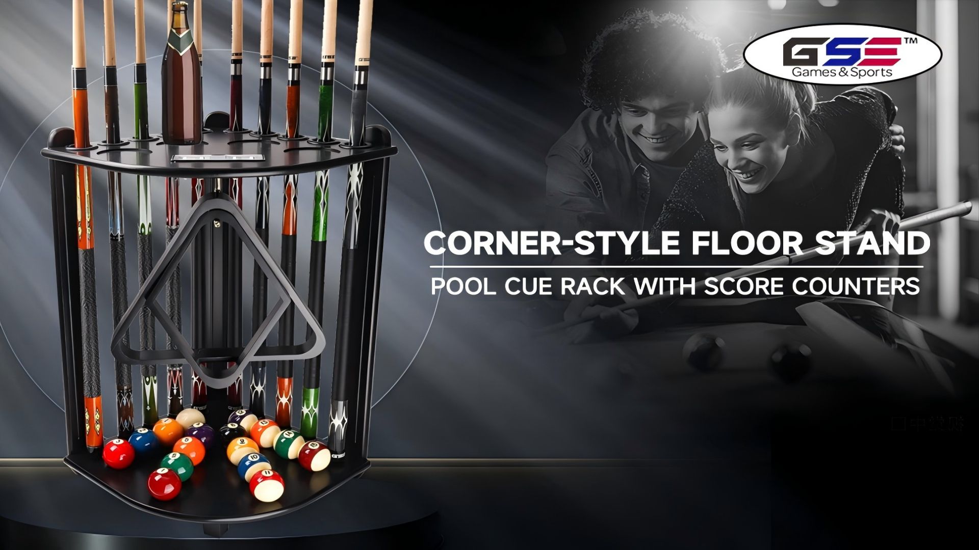 GSE Games & Sports Expert Pool Cue Rack, Holds 10 Cues, 16 Balls, Black ...