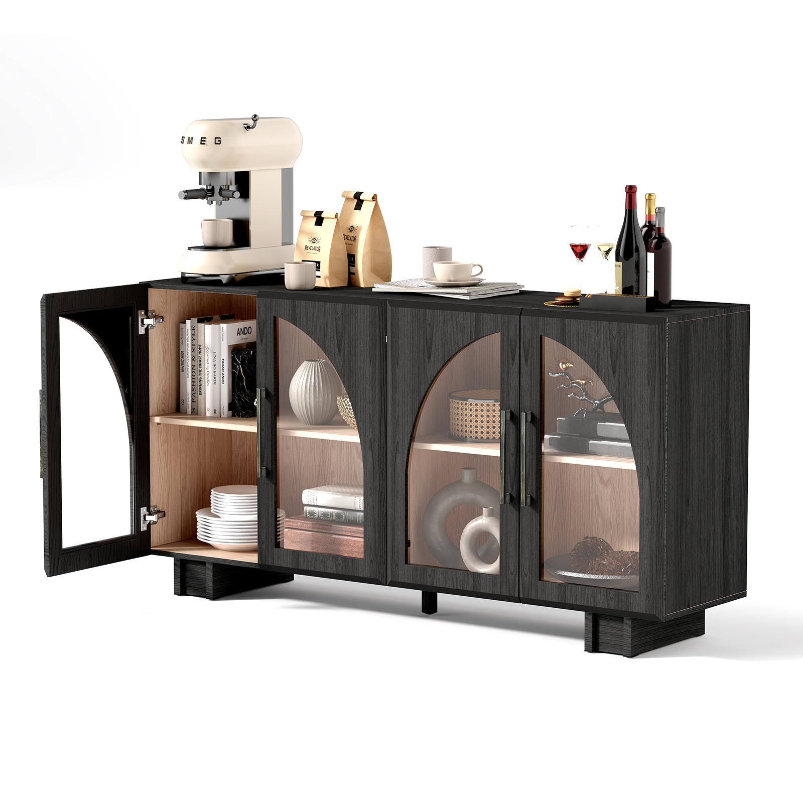 "JOINICE Modern Accent Cabinet, Black Buffet Cabinet with Arched Glass Doors and Adjustable ...