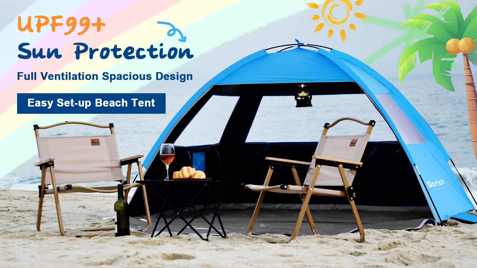 Gorich 3-Person Beach Tent - UPF50+ Sun Shelter Canopy for Camping, Hiking, Fishing (Turquoise ...