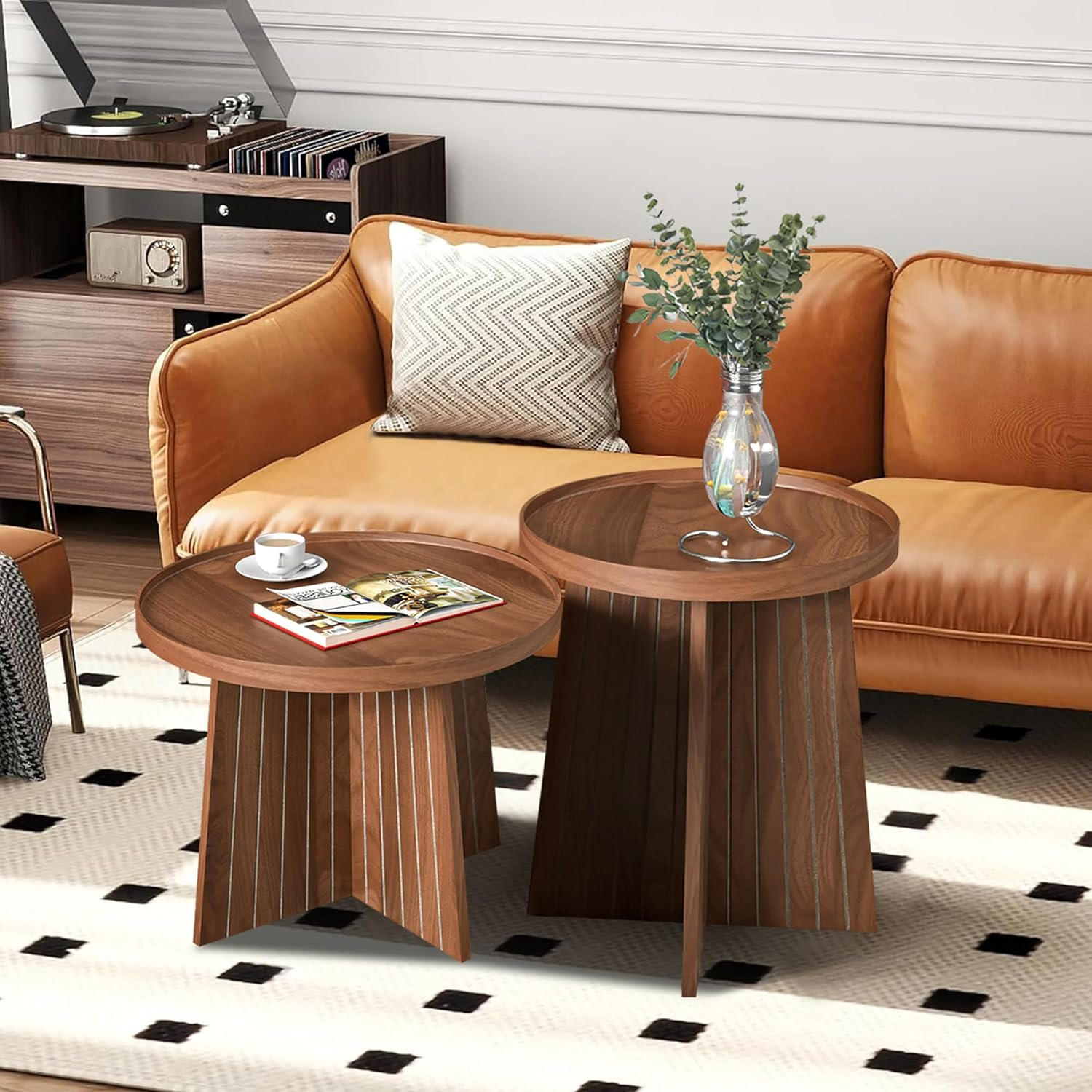 2-Piece Round Nesting Coffee Table, Mid-Century Modern Fluted Circle ...