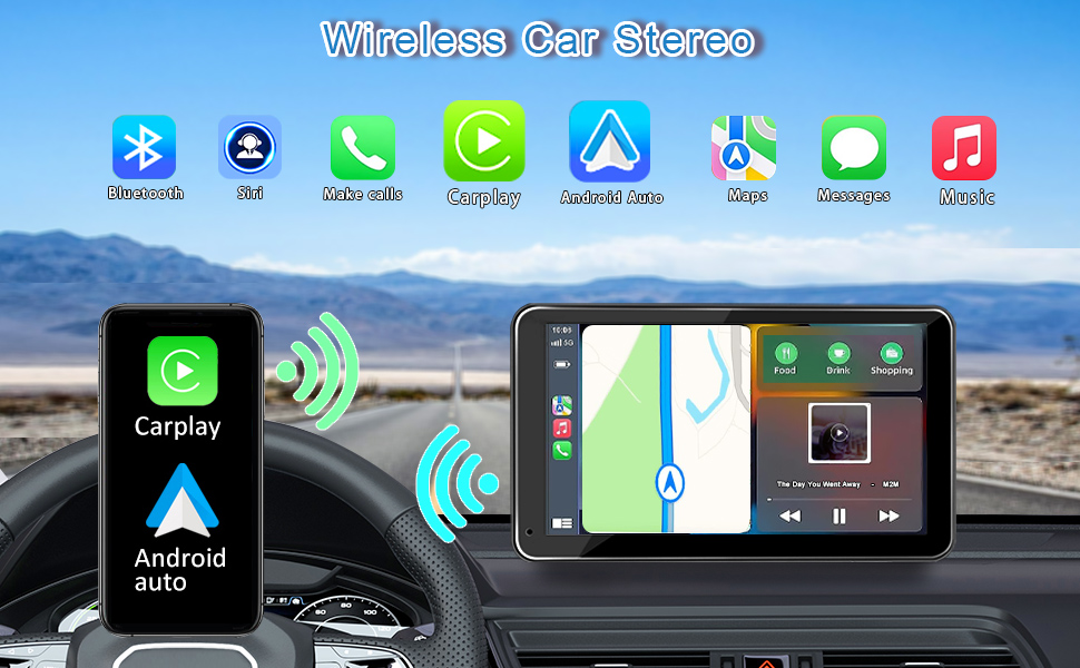 Amener 7" Wireless CarPlay and Android Auto Screen, Portable Touch ...