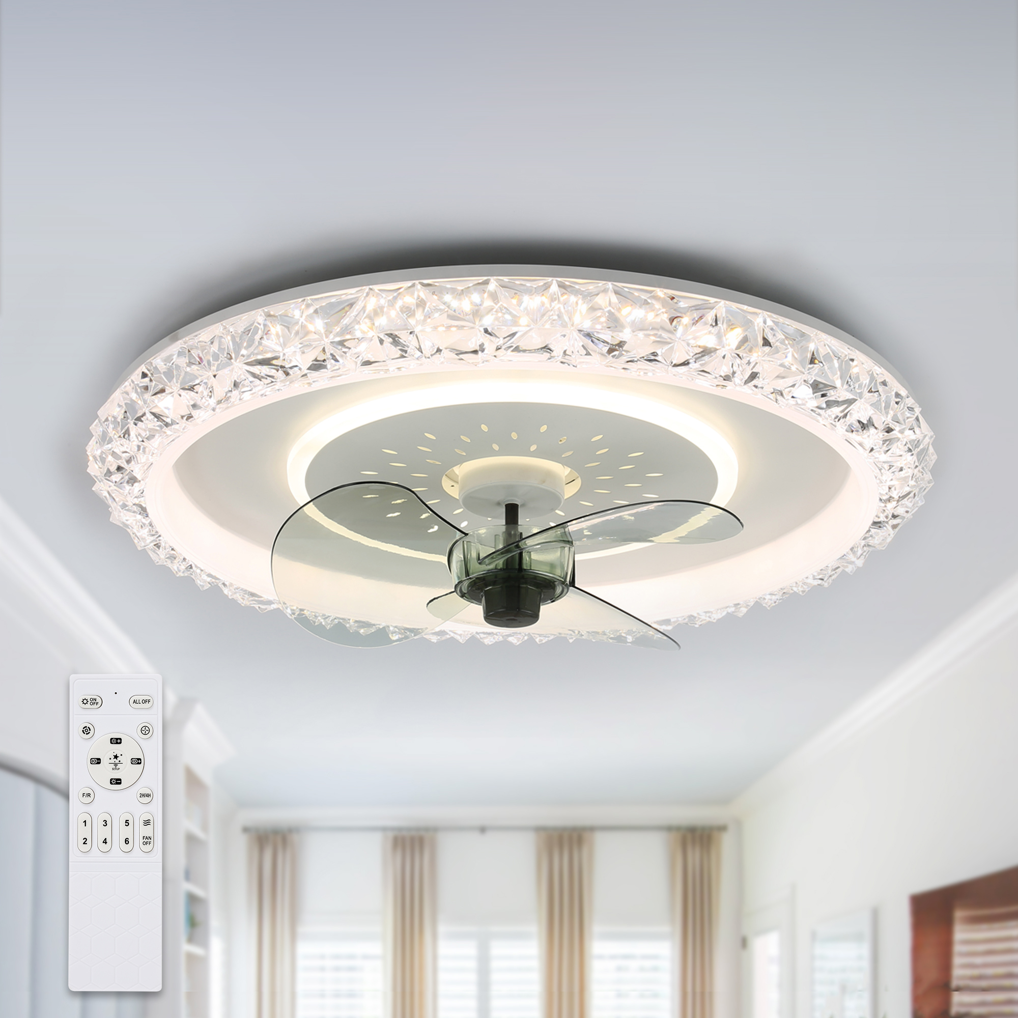 20inche White Modern Flush Mount Ceiling Fan Low Profile Dimmable ...