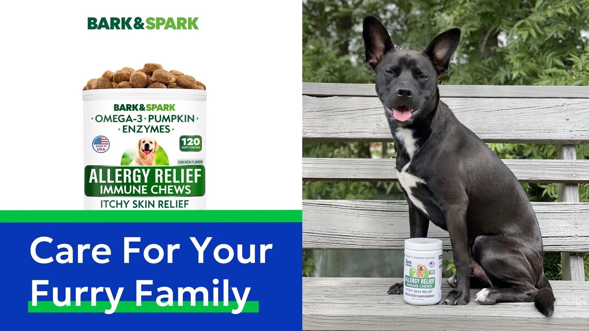 Bark&Spark Dog Allergy Relief Chews for Itching Skin and Coat Support, Omega 3 Fish Oil, 120 ...