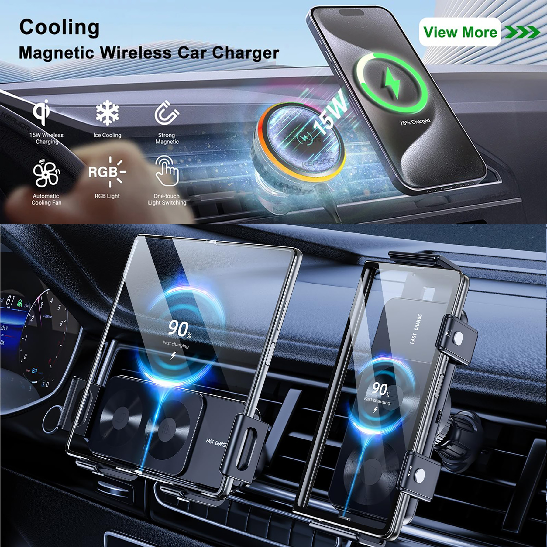 Wireless Car Charger, 15W Qi Fast Charging, Auto Clamping Car Phone ...