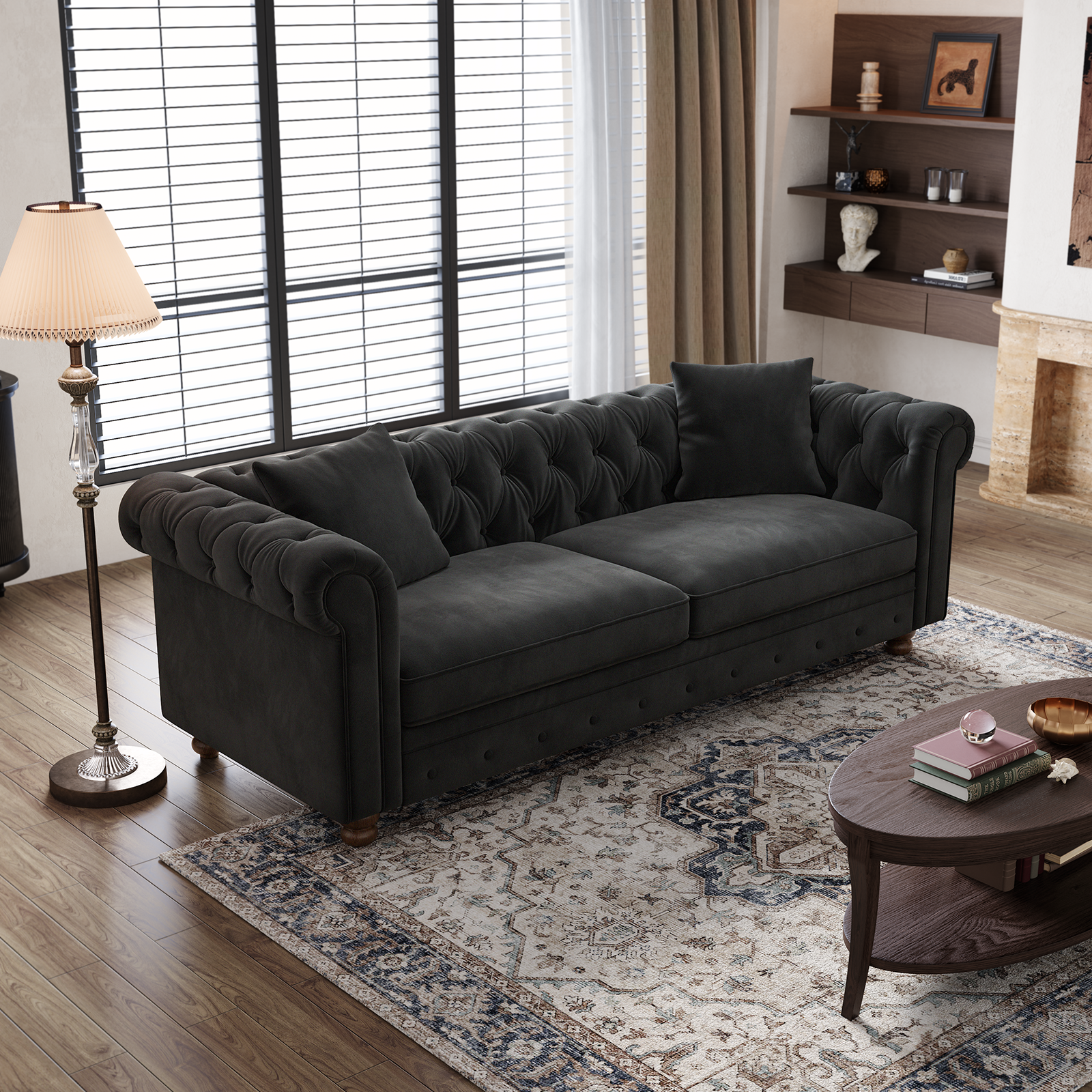 82" Chesterfield Sofa, Velvet Couch with Rolled Arms, 2 Throw Pillows ...