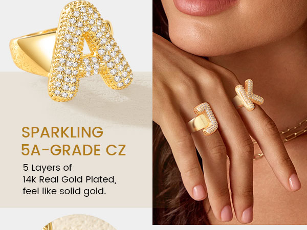 KeyStyle Initial Rings for Women, 14K Gold Plated Alphabet Letter Rings ...