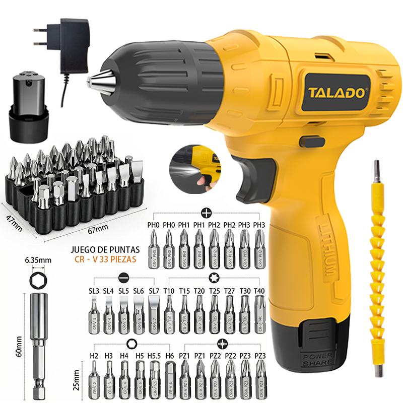 TALADO 12V Cordless Drill Set, 20 N.m Power, 33-Piece Bit Kit ...