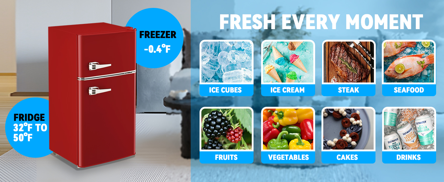 TACOOL Small Refrigerator with Freezer Retro Mini Fridge with Removable ...
