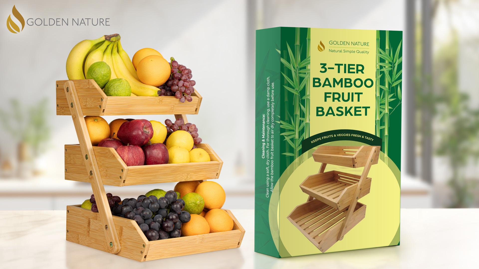Golden Nature Bamboo Veggie Stand for Kitchen Countertop, Three Tier ...