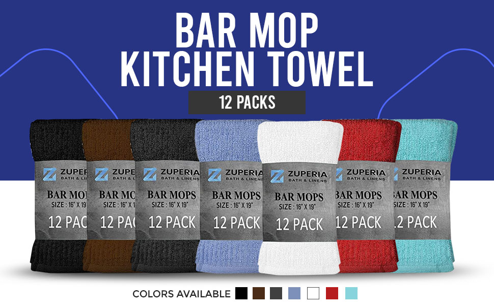 ZUPERIA Bar Mop Kitchen Towels - Pack of 12 (16"x19”) Ring Spun Cotton ...