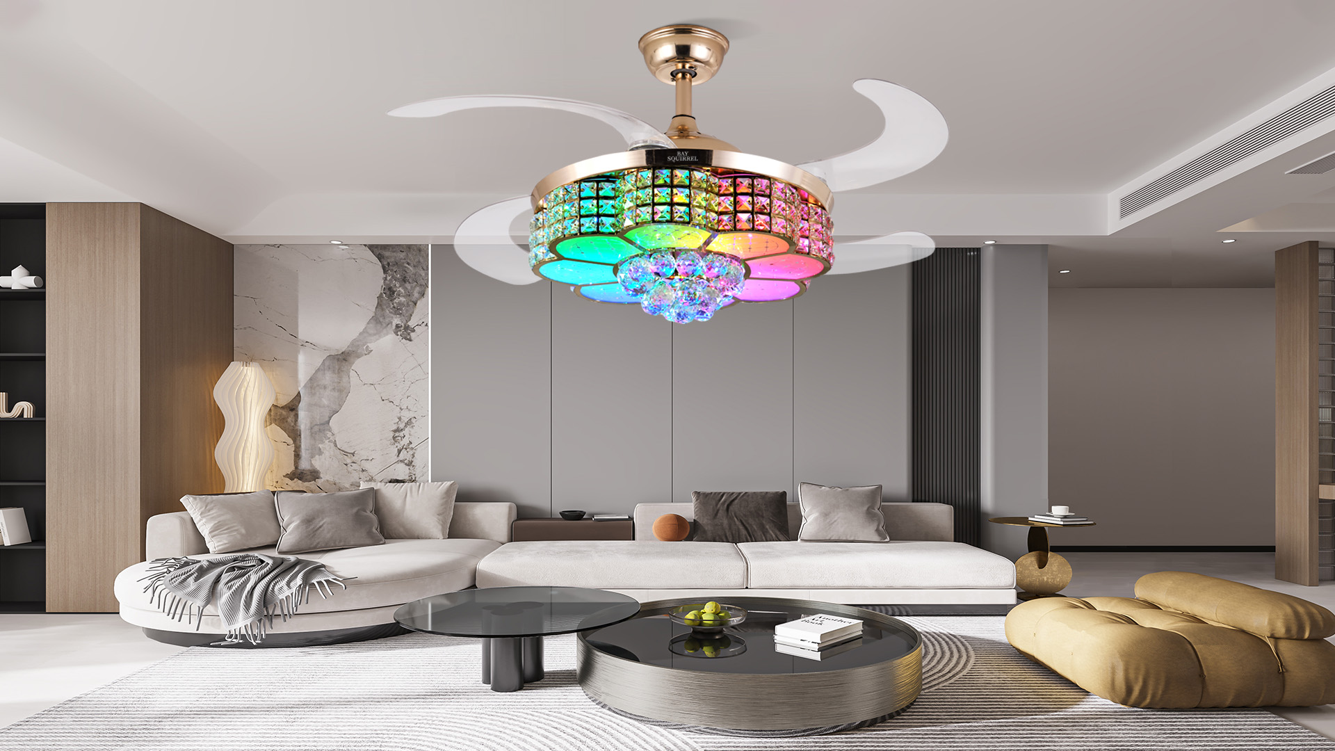 42" Retractable Ceiling Fan with Light and Bluetooth Speaker, RGB Color ...