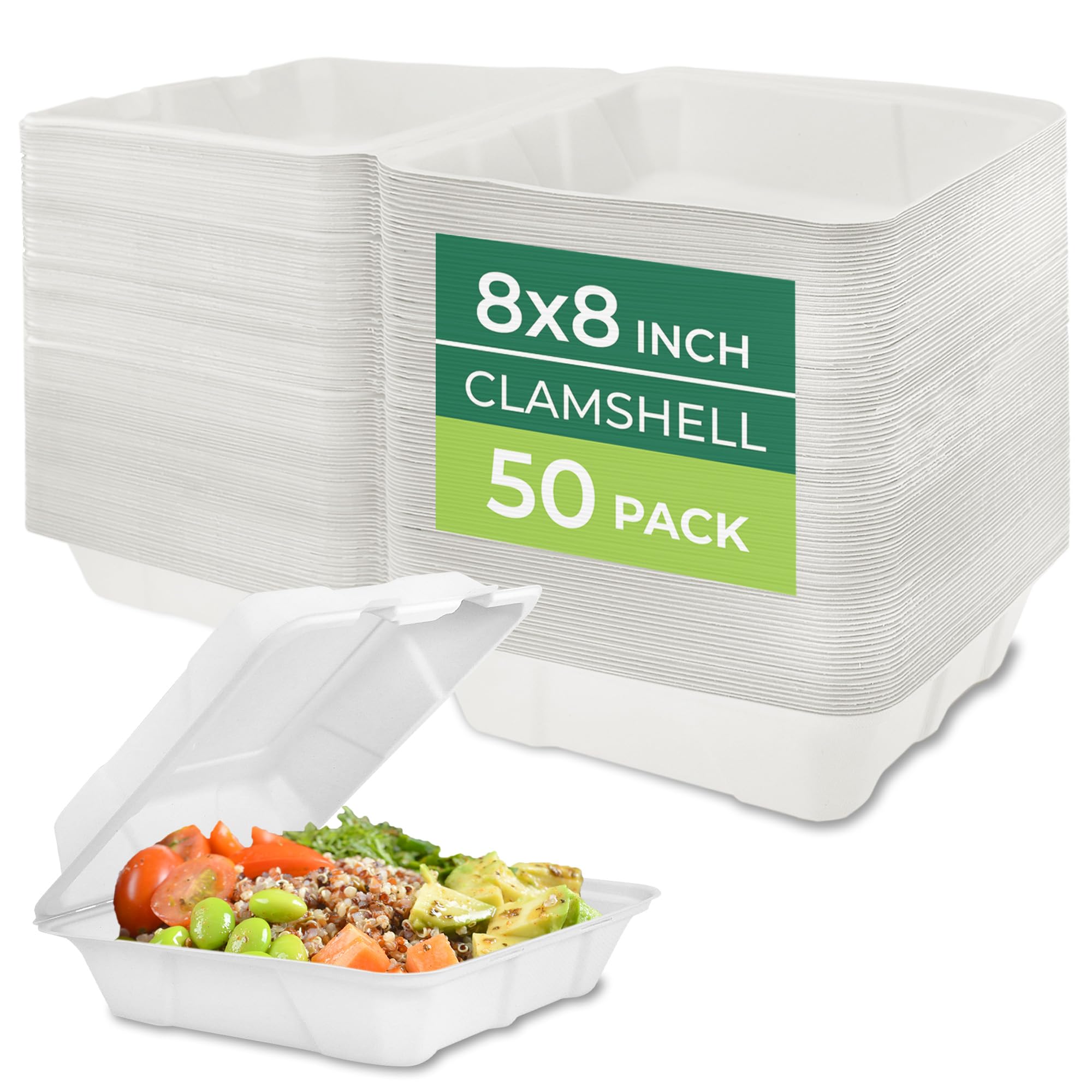 DEIKAL Compostable Clamshell Food Containers [8x8" 50-Pack] Disposable ...