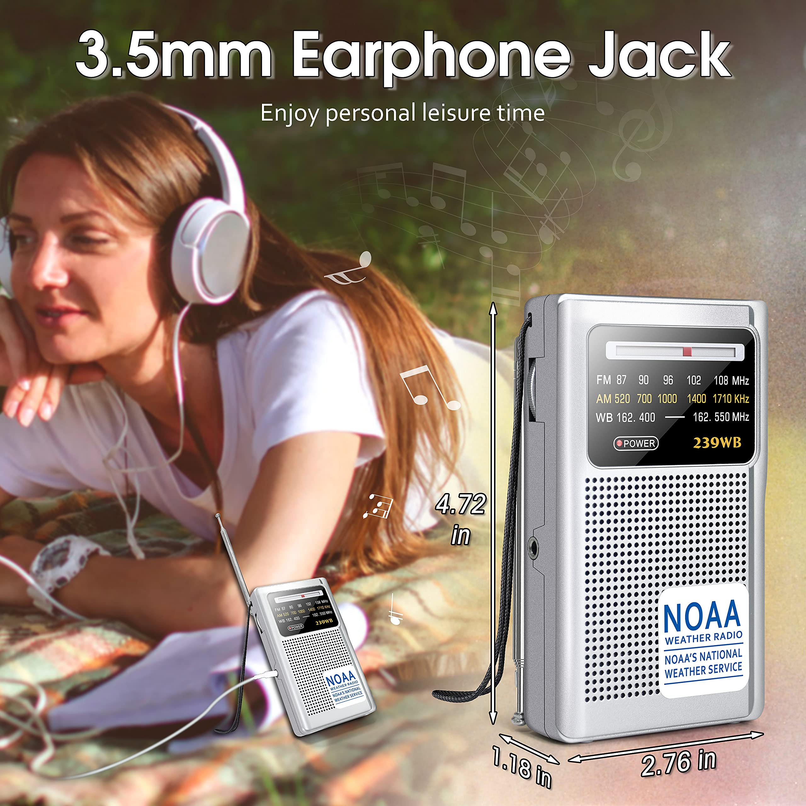 Jazmm Portable NOAA Weather Radio Battery Operated Transistor Radio ...