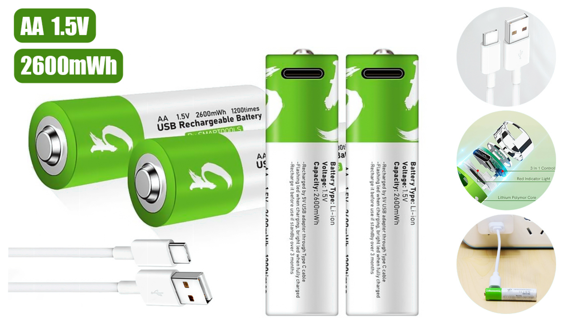 DFITO AA Rechargeable Batteries 4 Pack, 1.5V 2600mWh USB Lithium, Fast ...