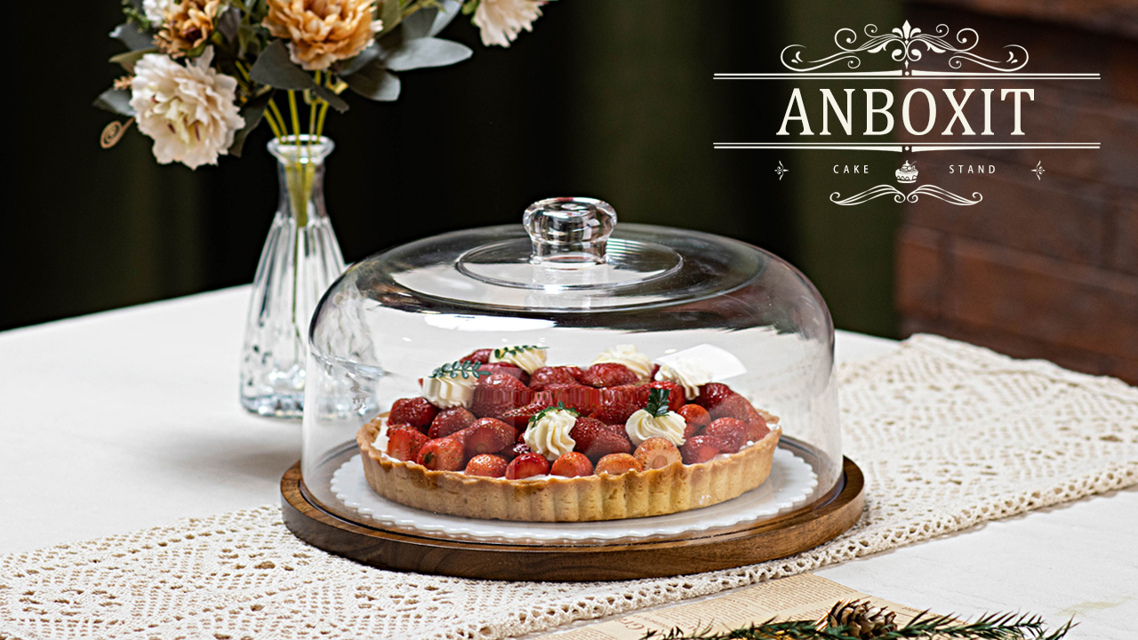 ANBOXIT, Cake Stand with Dome Lid, Acacia Wood, with Acrylic Cover ...