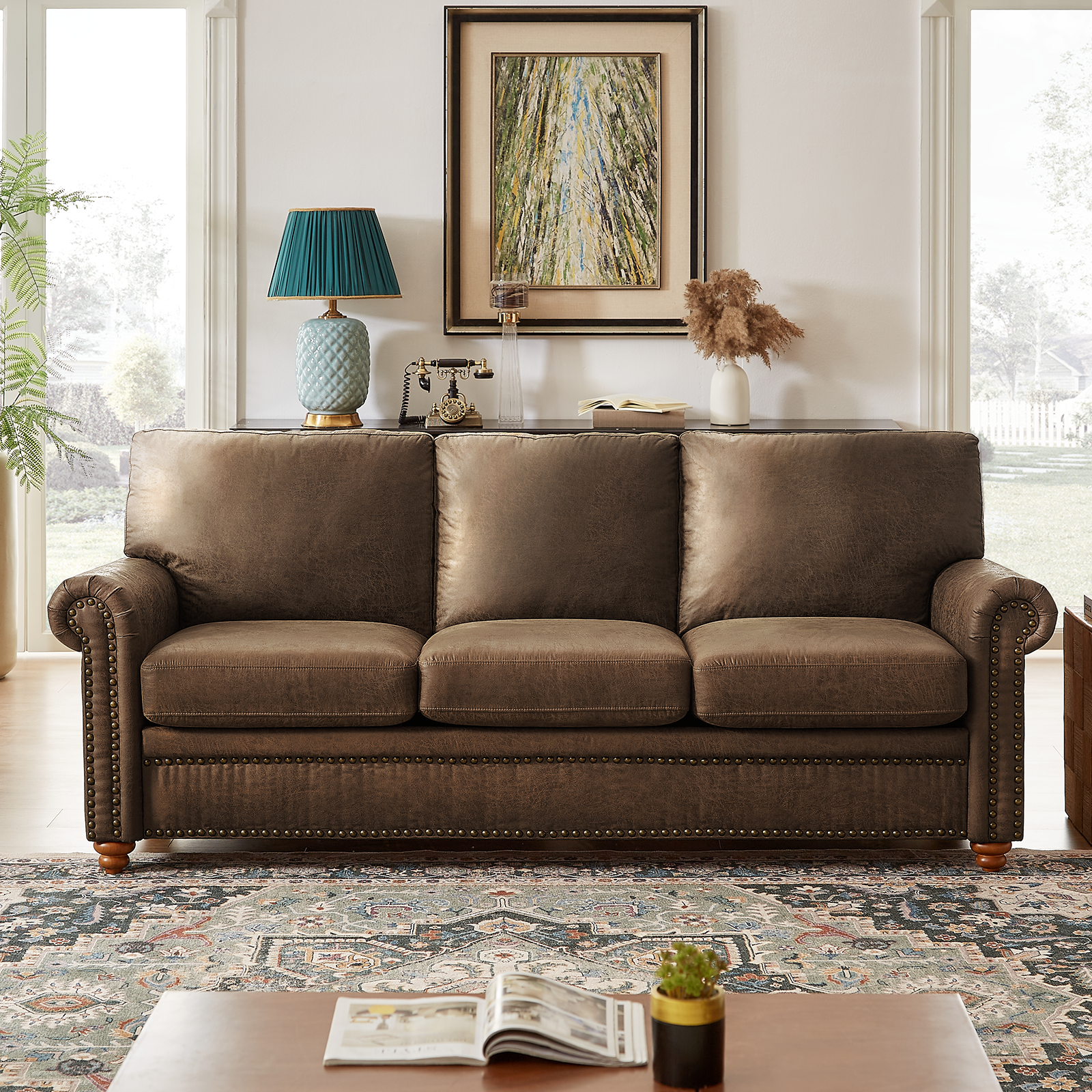 ROGALIS 84" Faux Leather Sofa, Nailhead Couch with Rolled Arms, Brown ...