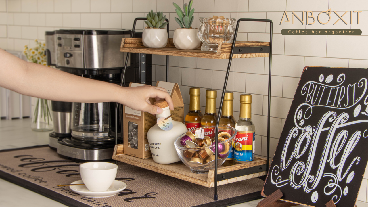 ANBOXIT Countertop Coffee Station Organizer, 2 Tier Wooden Shelf for ...