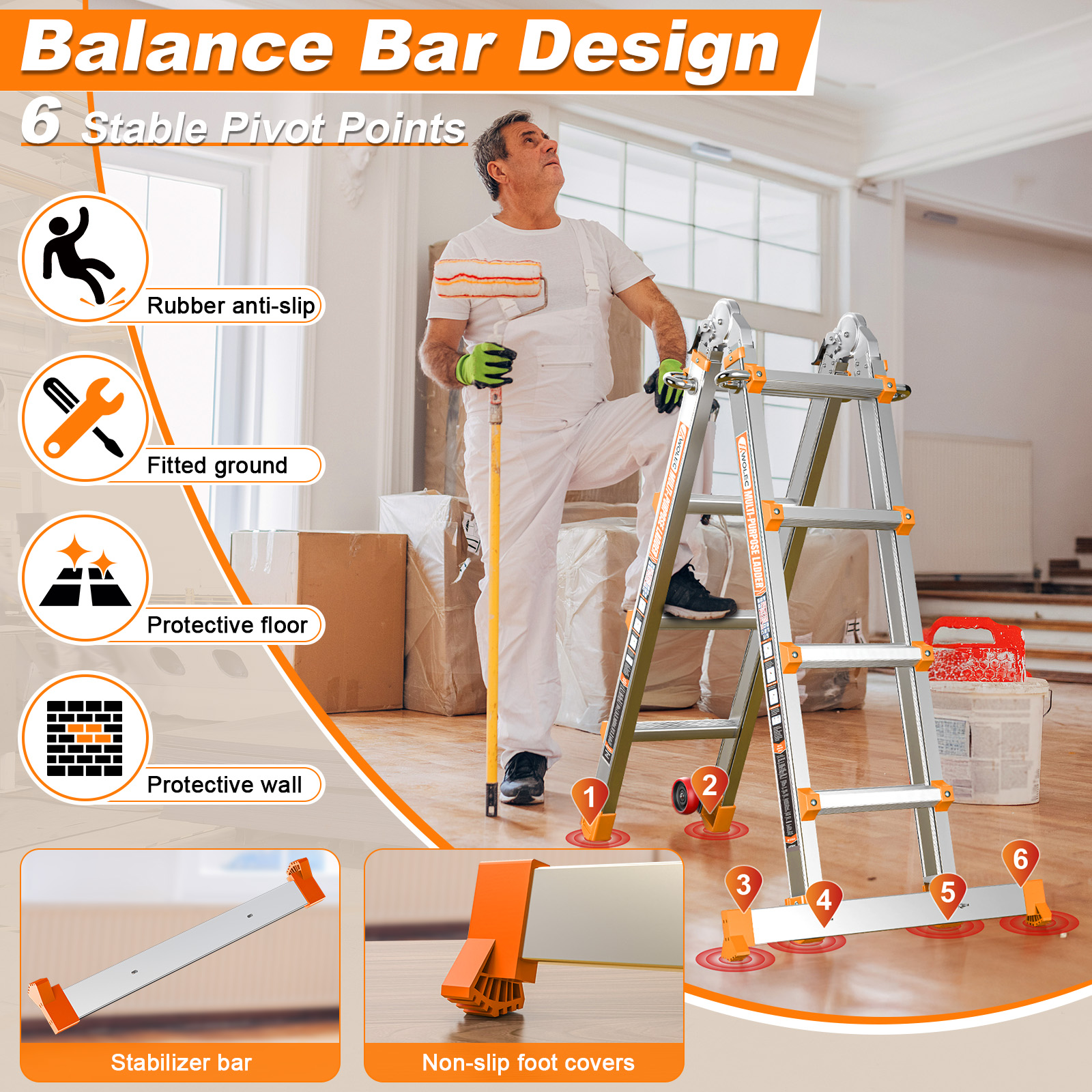14FT Ladder with wheels and stabilizer bar, 330 lbs large load capacity ...