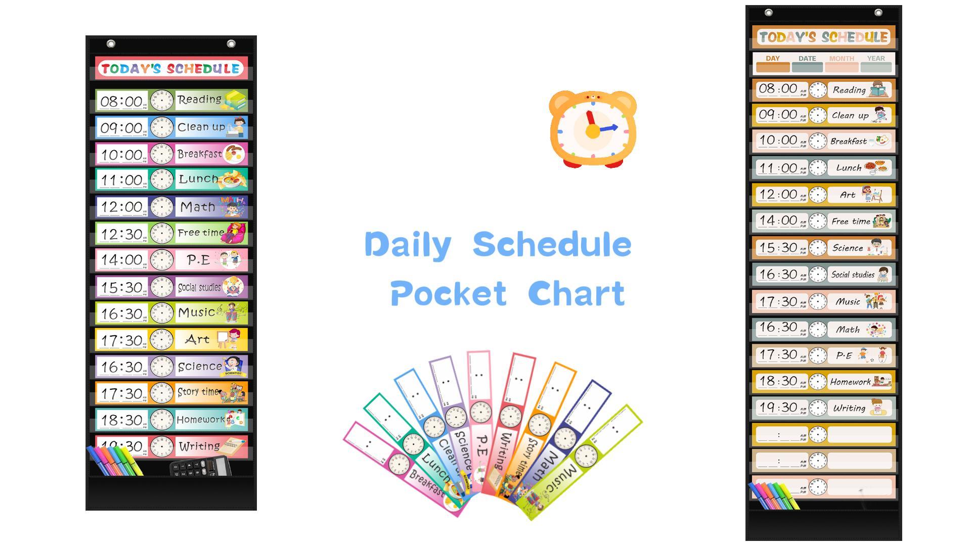 KEEPJOY 15+1 Pockets Daily Schedule Pocket Chart with 30 Pcs Double ...