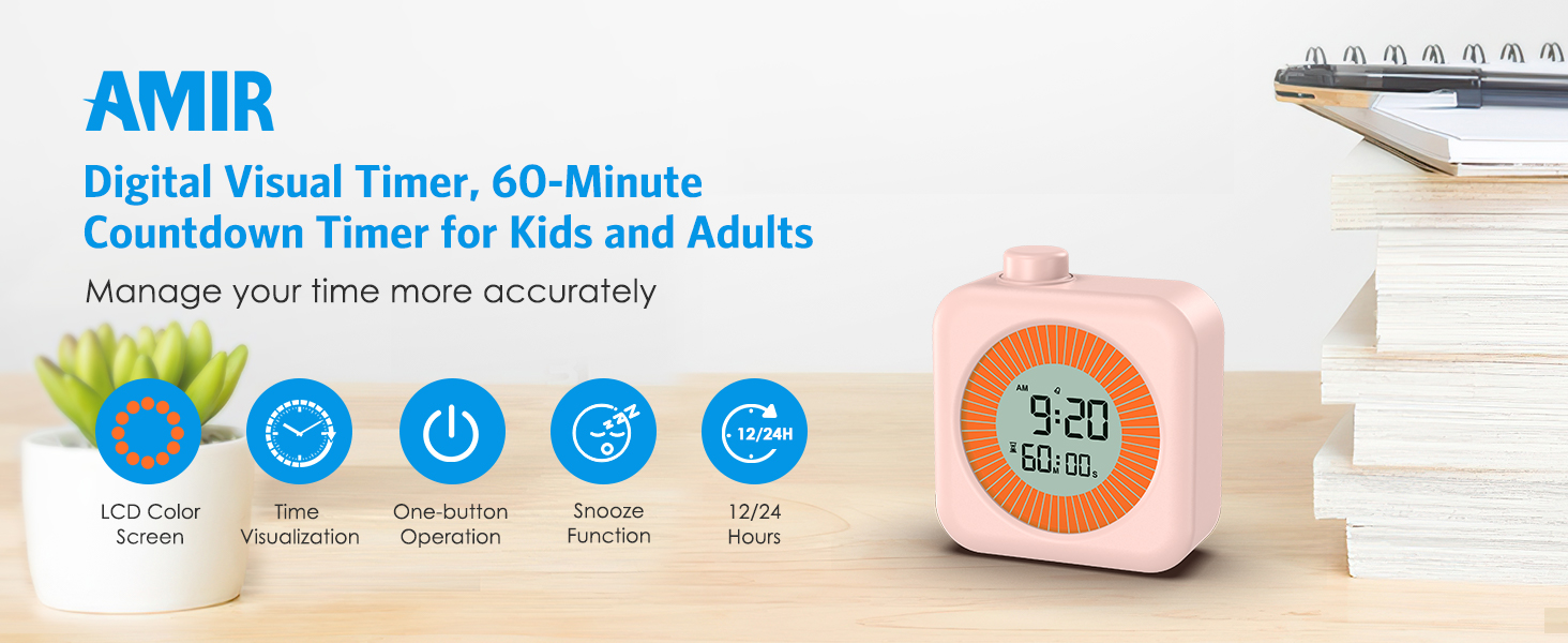 Digital Timer, AMIR Visual Timer 60 Minute Countdown Time Management Tool with Alarm Clock Timer ...