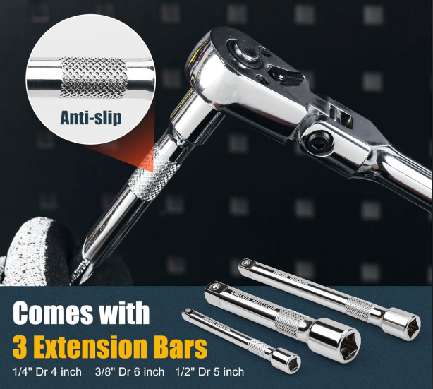 6-Piece Flex Head Ratchet Set, 1/4", 3/8", 1/2" Drives, 72-Tooth Swivel ...