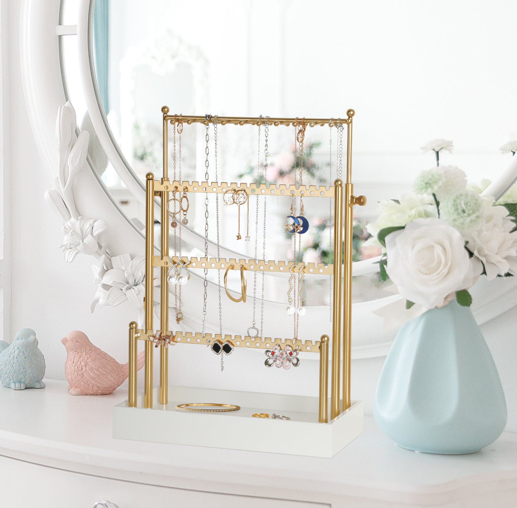 Jessac 3-Tier Adjustable Earring Necklace Holder Organizer Stand, Gold ...