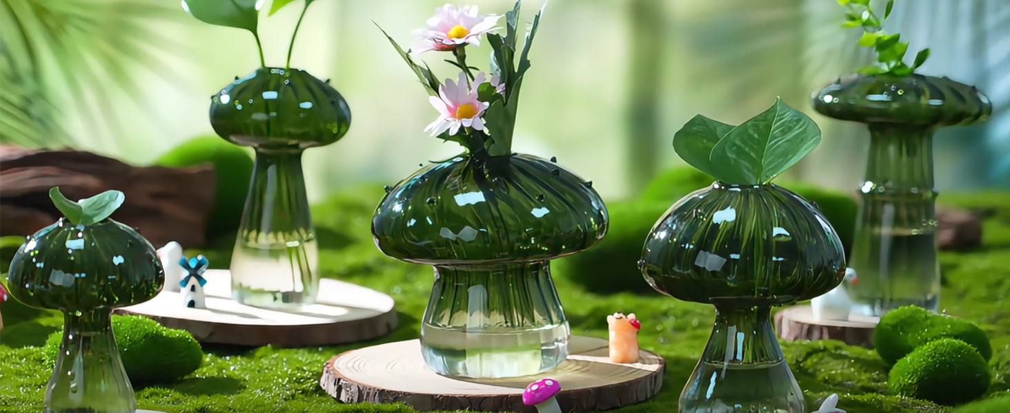 Glasseam Green Mushroom Vases Set of 5, Indoor Propagation Stations ...