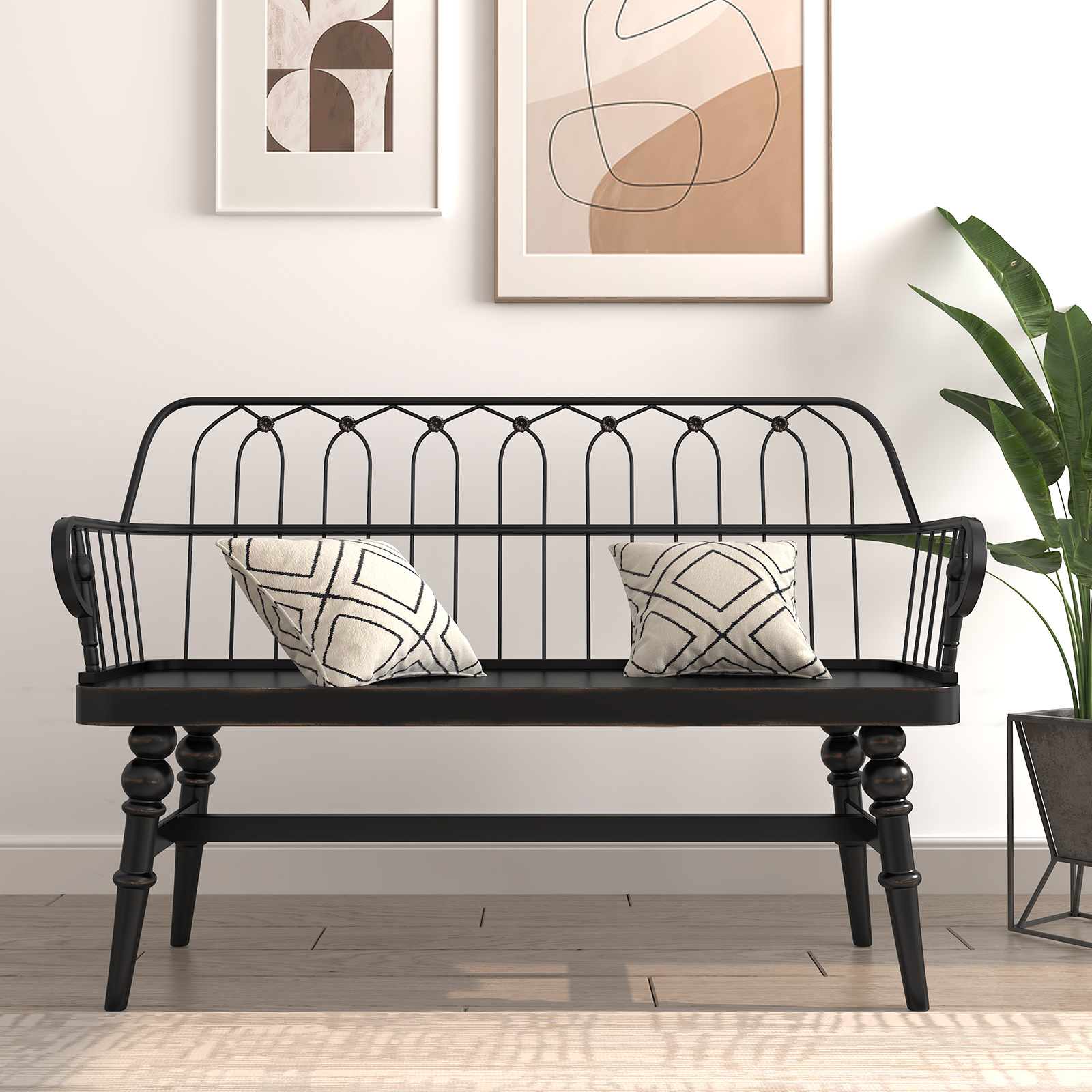HLR Farmhouse Entryway Bench, Spindle Back Support Wood Dining Benches ...