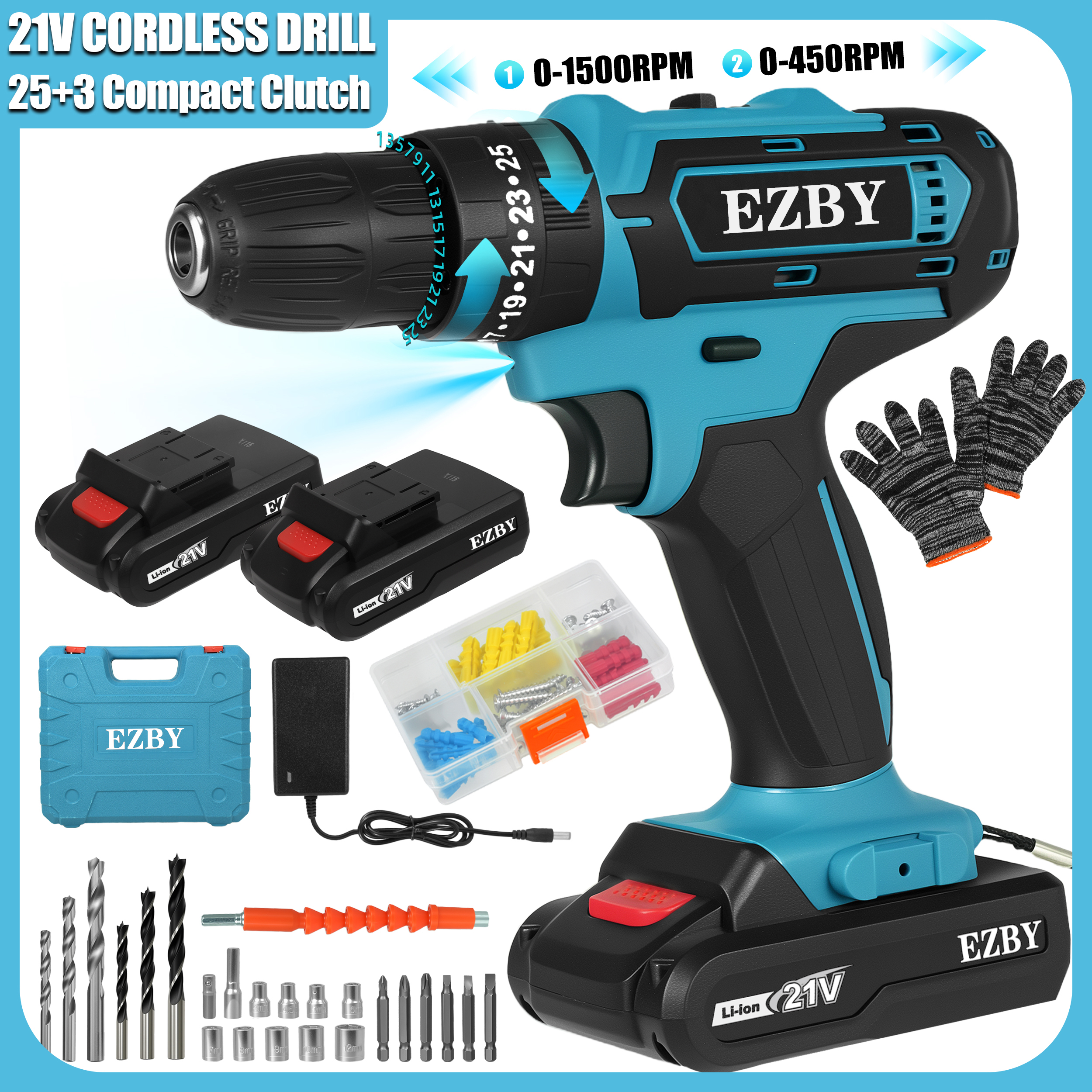 EZBY 21V Cordless Drill Set,Electric Power Drill Driver with 2 ...