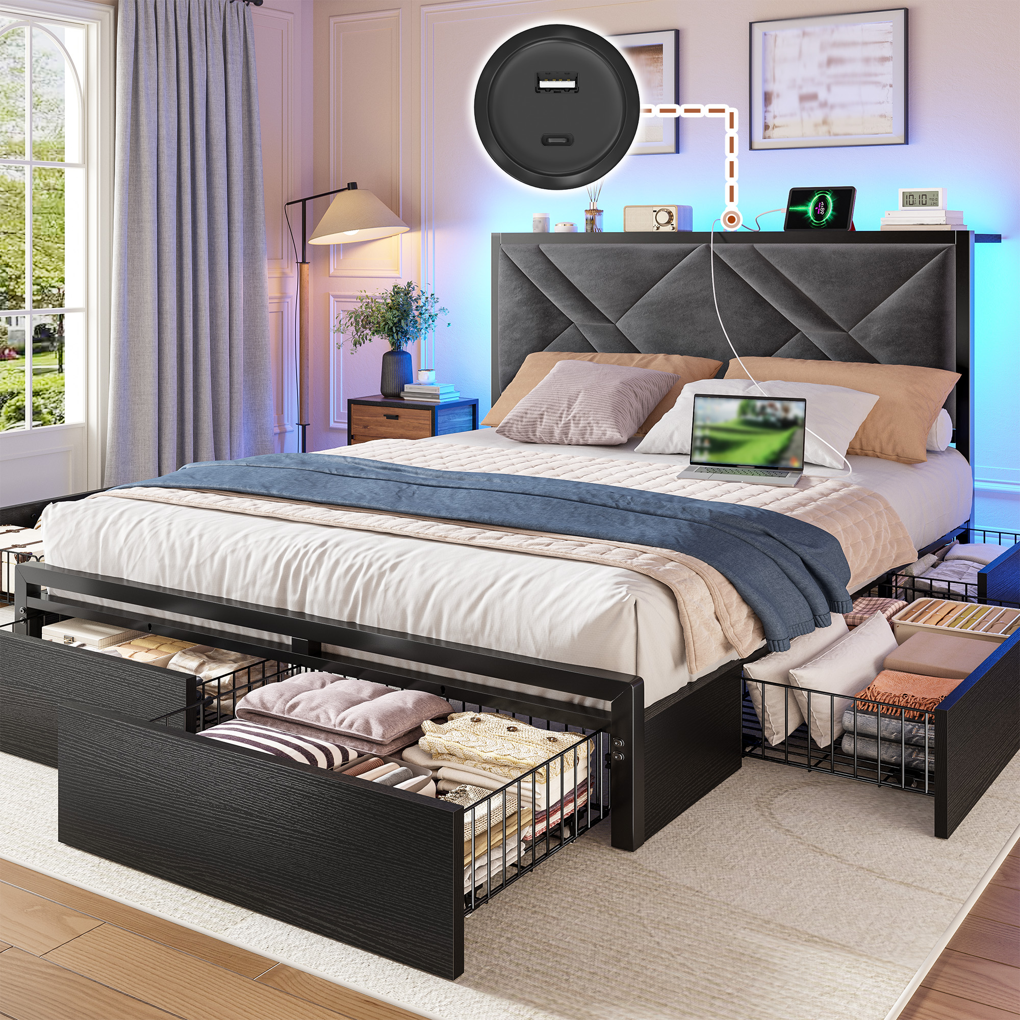 EmHomee, Queen Size Bed Frame with 6 Drawers, Black - Walmart.com