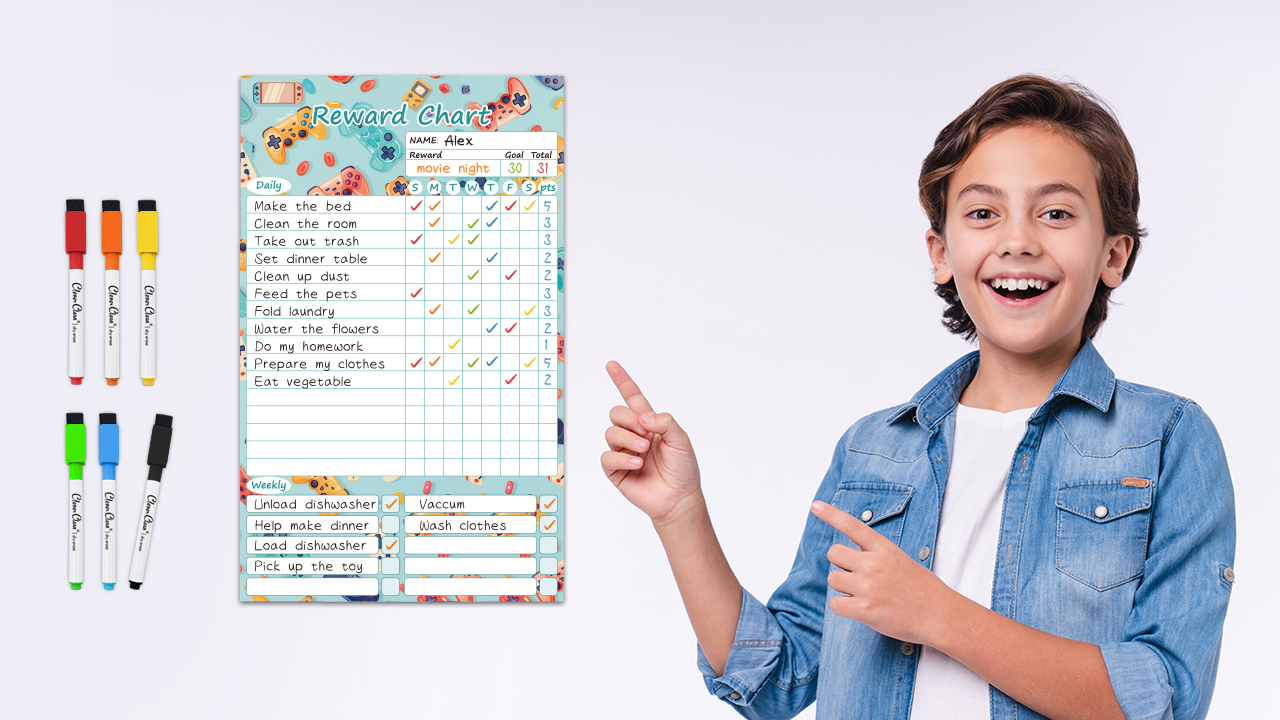 Clever Clean Dry Erase Chores Chart for Kids, Reusable Weekly Planner ...